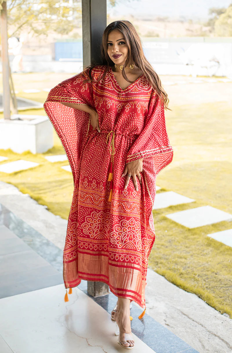 Buy Red Kaftan with Eye-Catching Digital Print Work | Ready to Wear